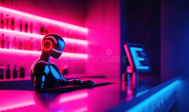 High-Tech Robotic Bartender in Futuristic Cyberpunk Bar Stock ...