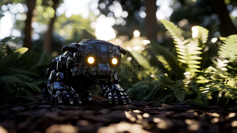 A High-tech Robotic Creature with Illuminated Eyes Stands in a Verdant ...