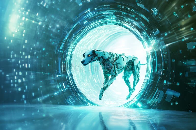 A High-tech Robotic Dog Steps through a Glowing Digital Portal Stock ...