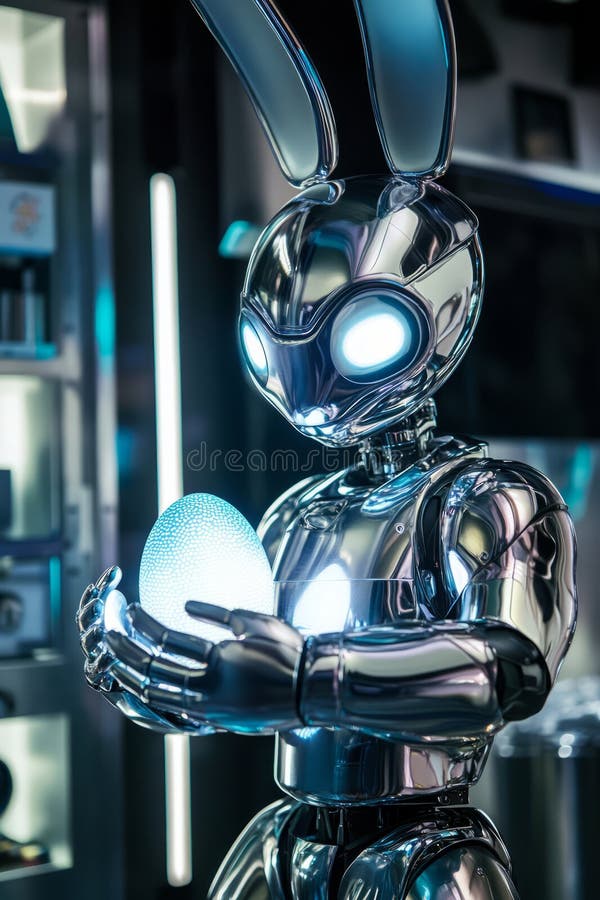 A High-tech Robotic Easter Bunny Made of Sleek Chrome, Gently Cradling ...