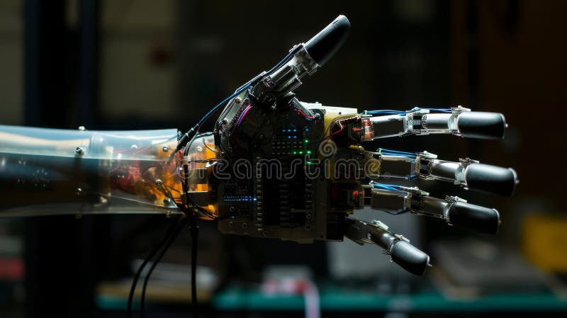 High-tech Robotic Hand with Visible Electronics in Lab Setting Stock ...