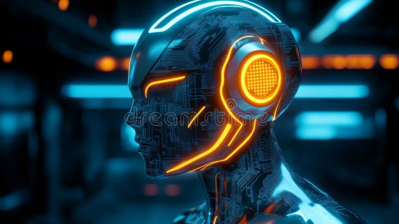 A High-tech Robotic Head Adorned with Glowing Circuits, Fusing Art and ...