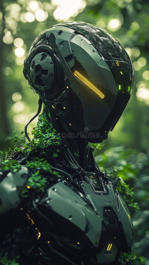 High-tech Robotic Humanoid with Glossy Black Armor Surrounded by ...