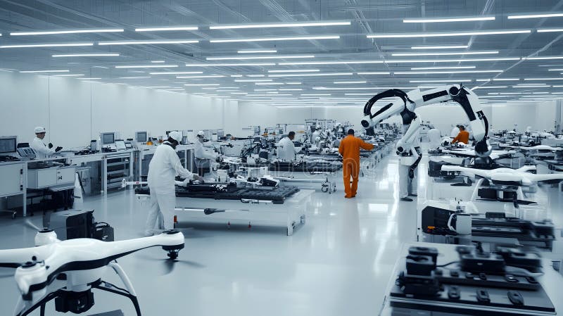 High-tech Robotics Laboratory with Engineers in White and Orange Work ...