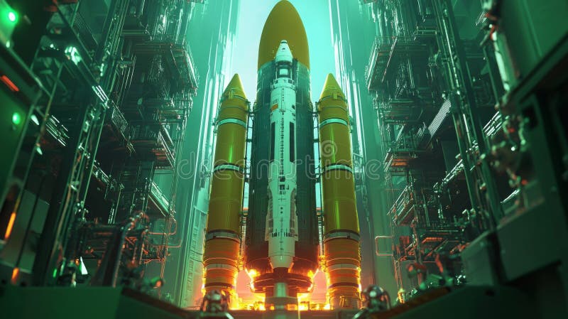 High-tech Rocket Preparation in a Futuristic Launch Facility at Dawn ...