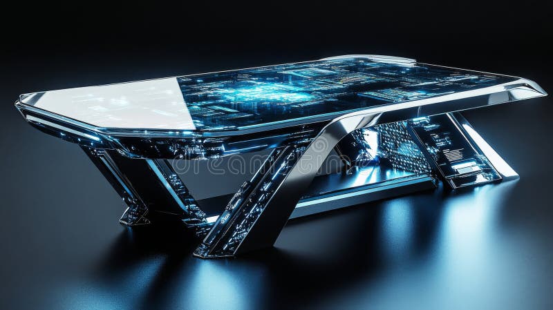 In a High-tech Room, a Sophisticated Table with a Dark Finish and Blue ...