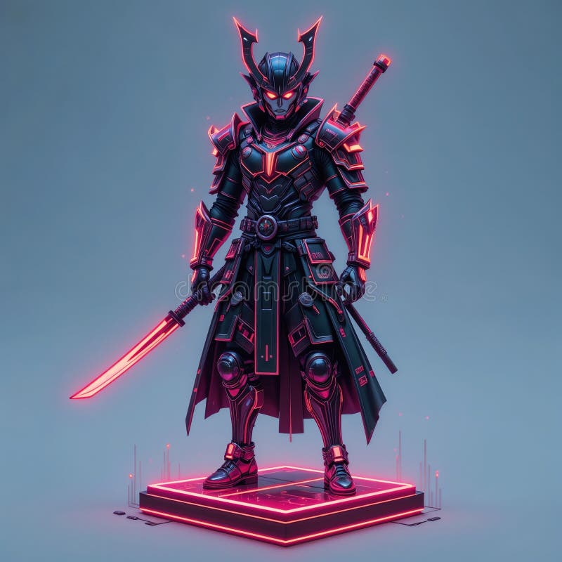 Futuristic Samurai Warrior on Neon Lit Platform with Red Katana Stock ...