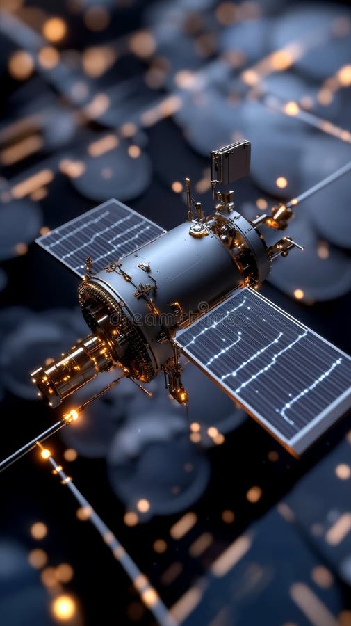 High-tech Satellite Model Floating in Space, Illuminated by City Lights ...