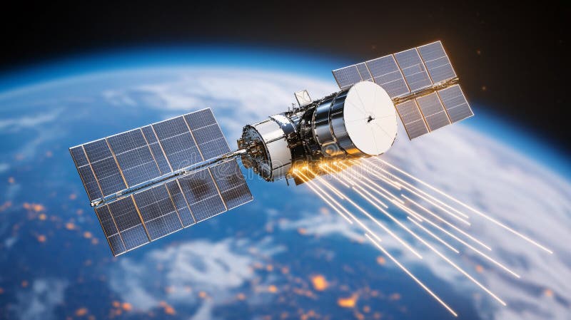 High Tech Satellite Orbiting Earth Global Communication Space ...