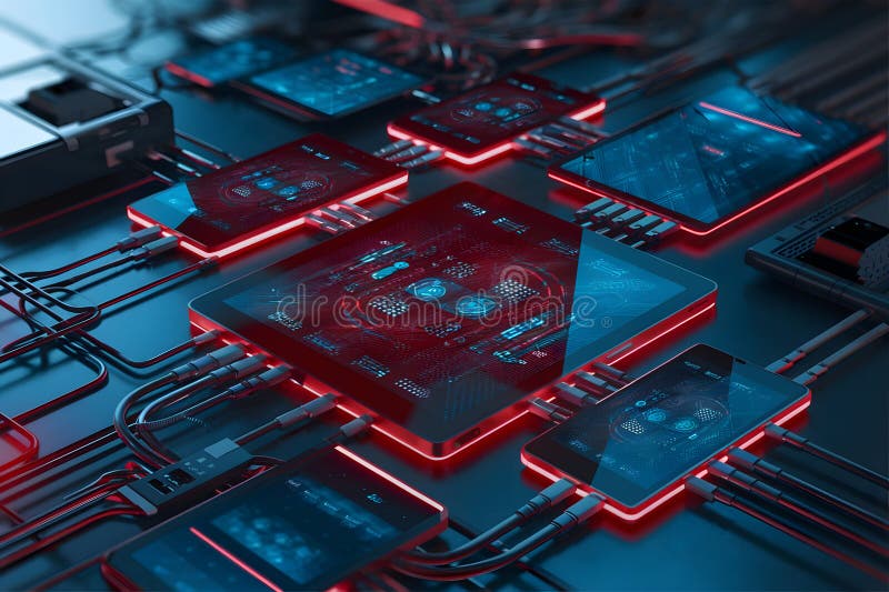 High Tech Scene of Interconnected Devices Glowing Red and Blue with ...
