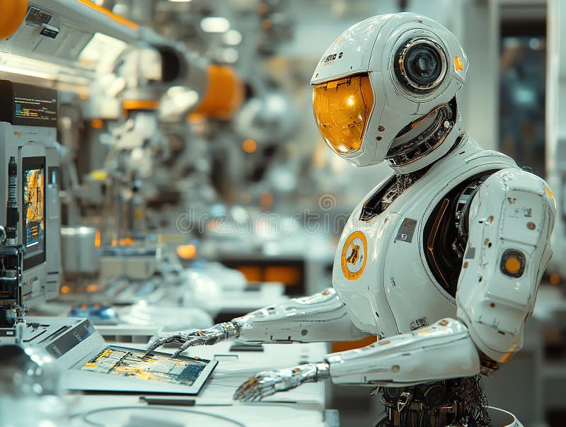 A High-tech Scene Showcases a White and Silver Robot, Interacting with ...