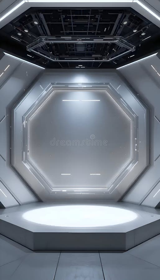 Futuristic Sci-fi Pod Room with Octagonal Platform and Neon Lights ...