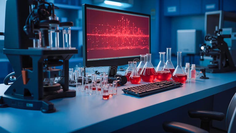High-Tech Scientific Laboratory with Red Chemical Analysis and Data ...