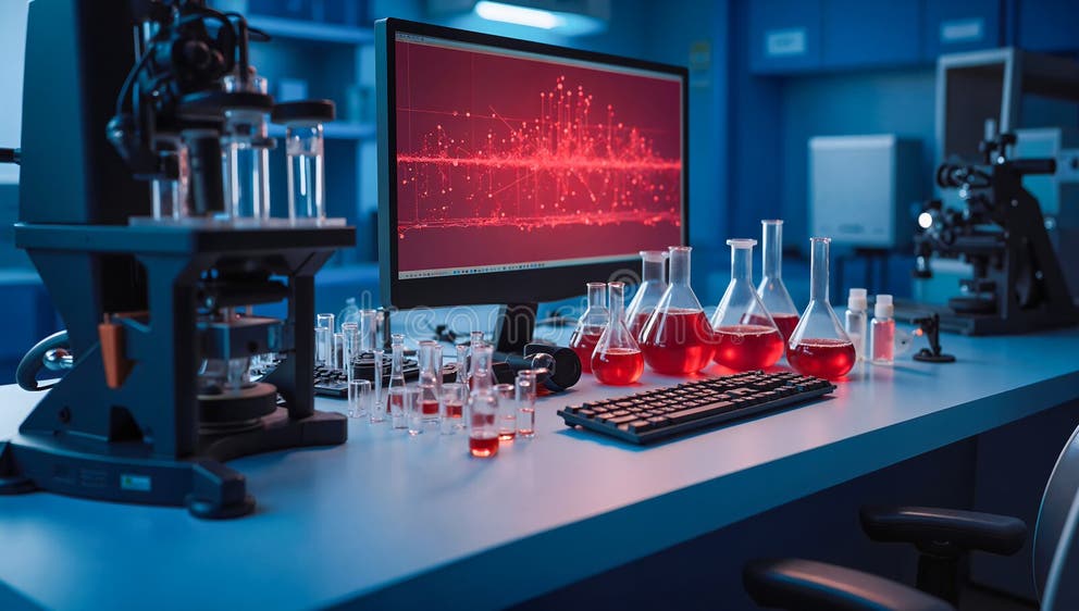 High-Tech Scientific Laboratory with Red Chemical Analysis and Data Visualization. Research ...