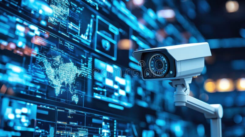 High-Tech Security Camera with Data Visualization Background Stock ...
