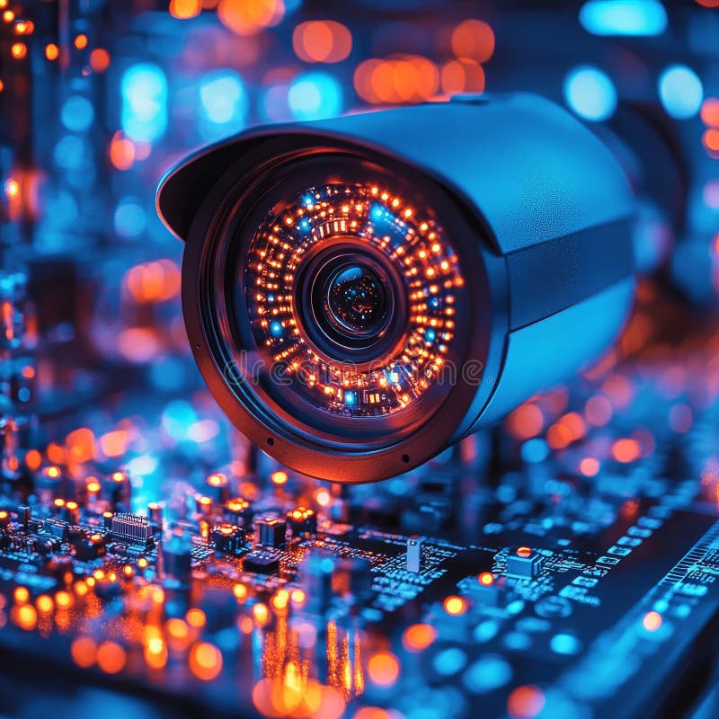 High Tech Security Camera with Glowing Lights and Circuit Board Stock ...