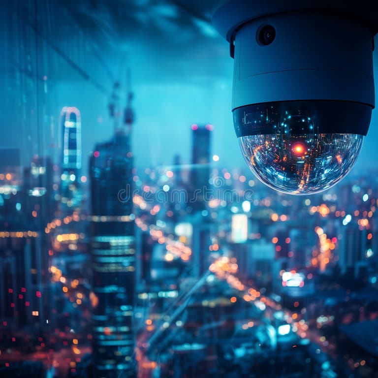 High-tech Security Camera Overlooking a Futuristic City at Night Stock ...