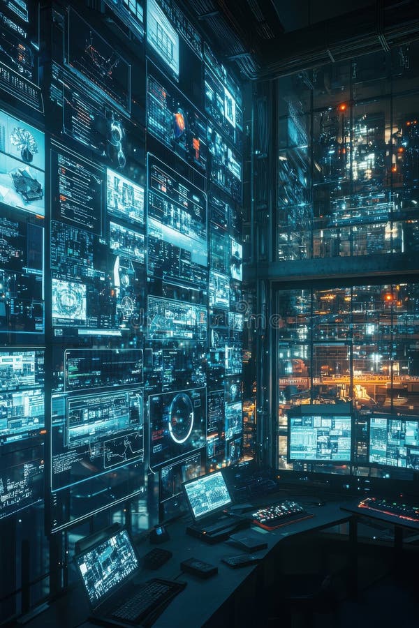 High-tech Security Control Room with Multiple Monitors and Data Stock ...