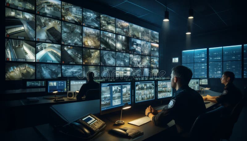 High Tech Security Control Room With Multiple Monitors Displaying Surveillance Footage With
