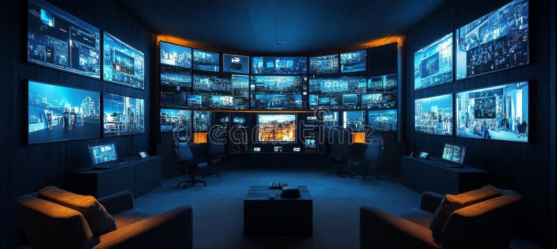 High-Tech Security Control Room with Multiple Screens Displaying ...