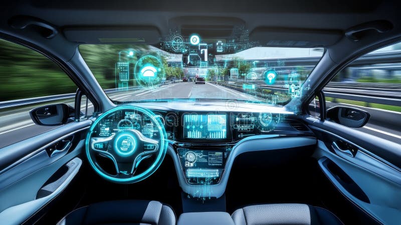 Futuristic Self-driving Car Interior with Digital HUD Display Stock ...