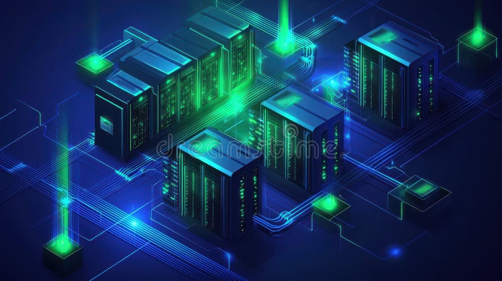 High-tech Server Clusters with Glowing Green Circuits Stock Photo ...