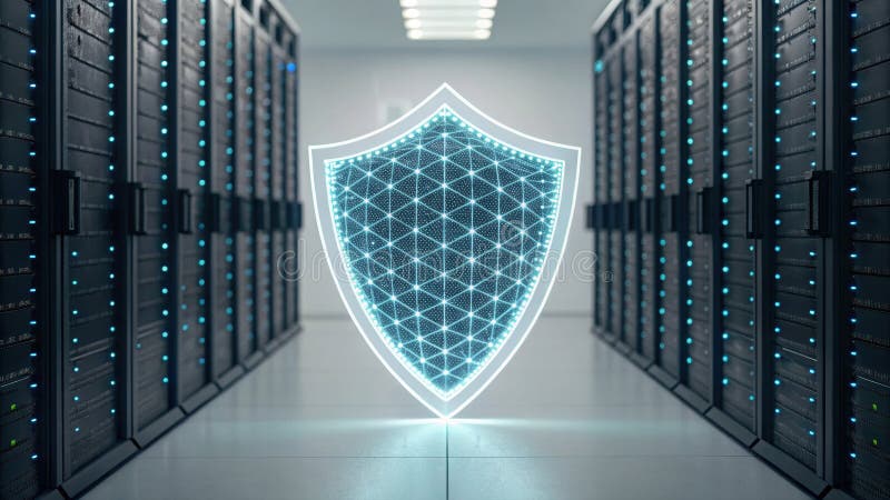 High-tech Server in a Data Center with Futuristic Security Shield Formed from Quantum Elements ...