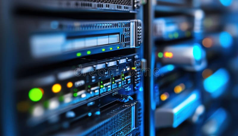 High-tech Server Equipment in a Data Center with Illuminated Indicators ...