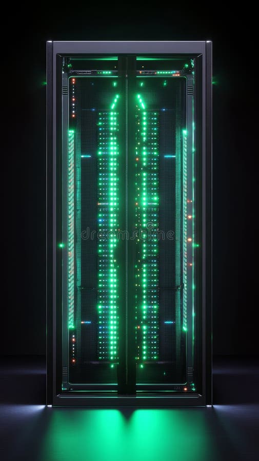High-tech Server Rack with Glowing Lights in Dark Environment Stock ...