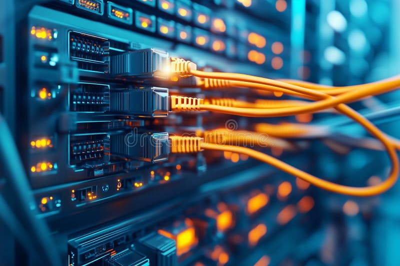 High-tech Server Rack with Plugged-in Yellow Network Cables Stock ...