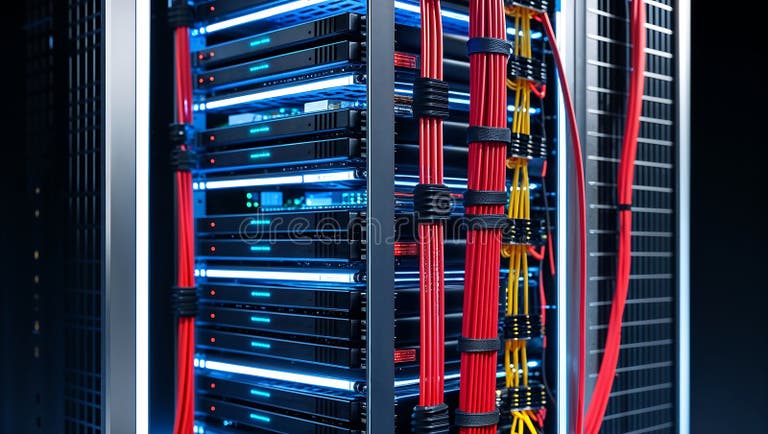 High Tech Server Rack with Sleek Metallic Frame and Vertical Servers Stock Illustration ...