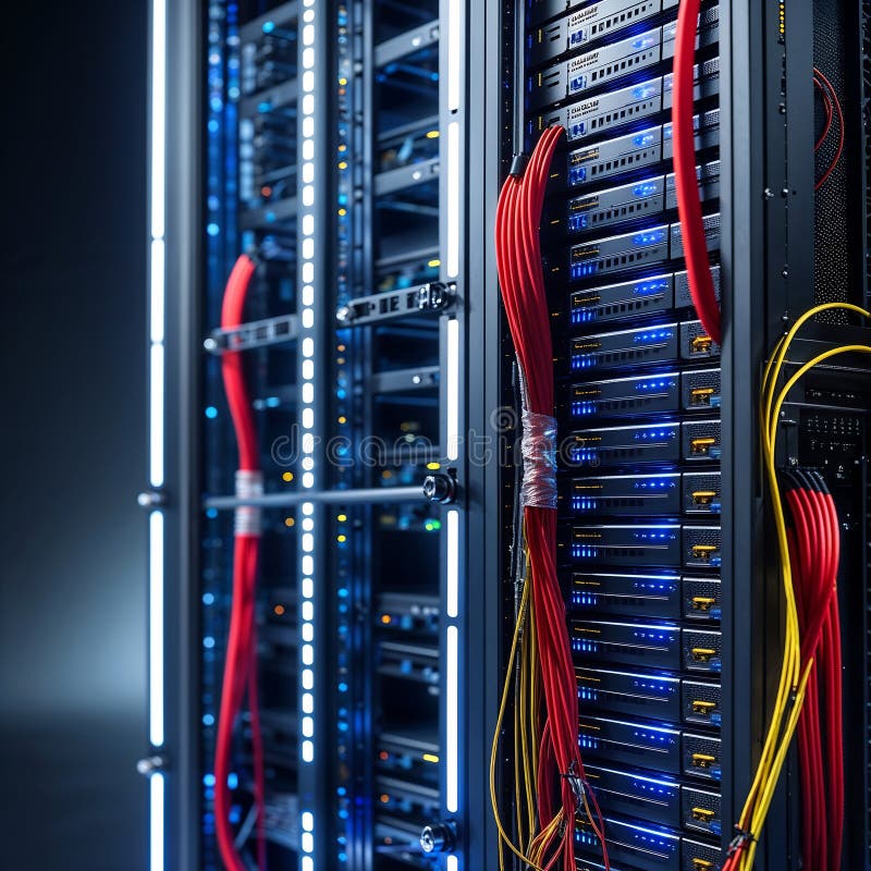 High Tech Server Rack with Sleek Metallic Frame and Vertical Servers ...