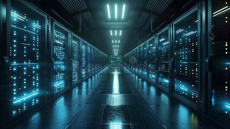 High Tech Server Racks in Dark Data Technology Center, VFX Ambiance ...