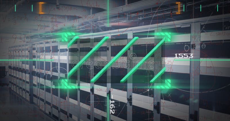 High-tech Server Room with Advanced Digital Overlay Displaying Data and Calculations Stock Photo ...