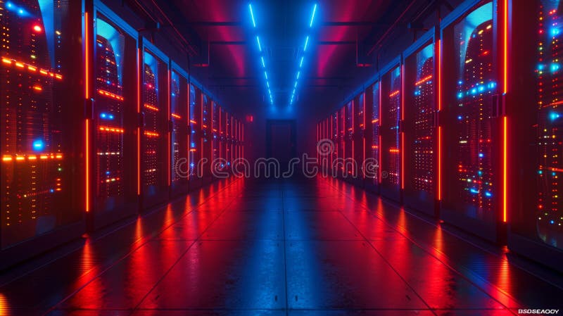 High-Tech Server Room with Blue and Red Lights Stock Illustration ...