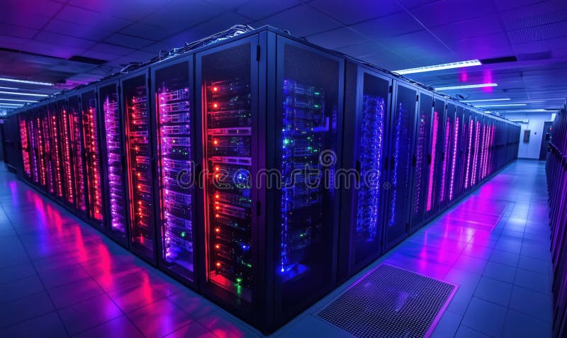 High-tech Server Room with Colorful LED Lights Illuminating Data ...