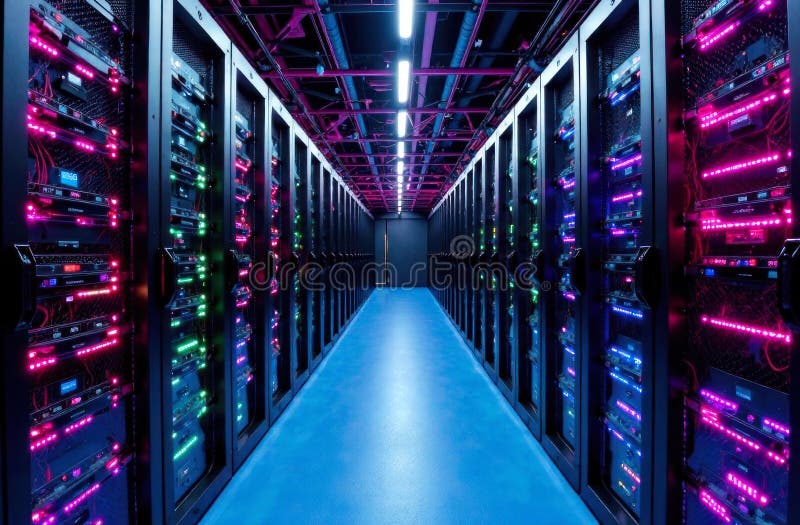 High-tech Server Room Displays Racks of Servers with Colorful Lights in ...