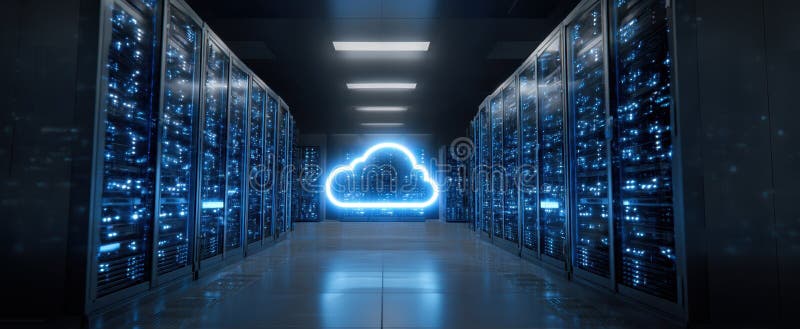 The High-Tech Server Room Featuring a Bright Blue Cloud Symbol.AI ...