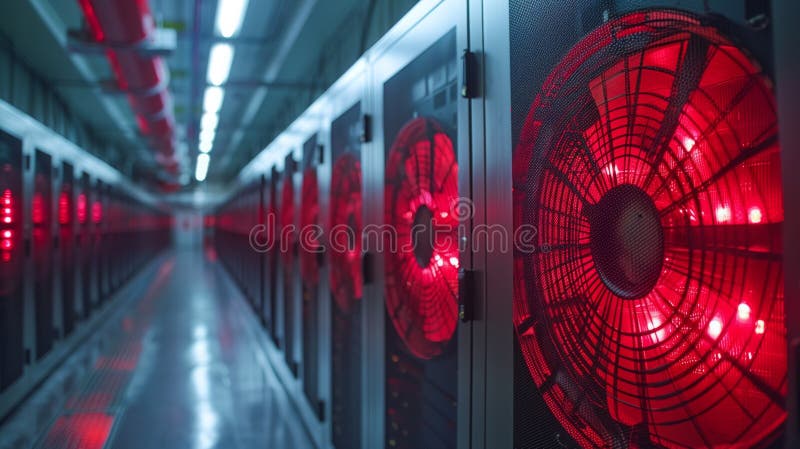 High-Tech Server Room Featuring Cooling Systems Illuminated by Red ...