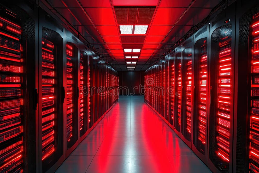 Advanced Server Room with Illuminated Red Lighting and Rows of ...