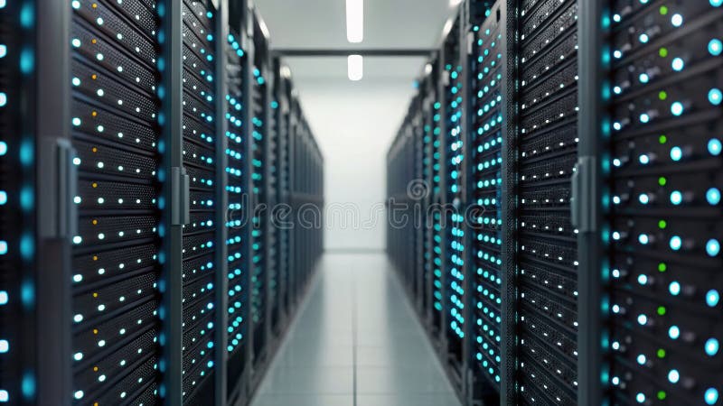 A High-tech Server Room Filled with Racks of Servers and Glowing Data ...