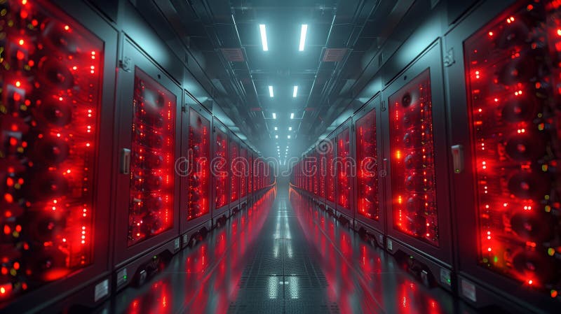 High-Tech Server Room Filled with Red-Lit Servers at Night in a Modern ...