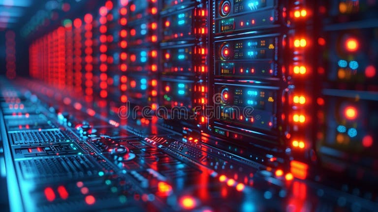 High Tech Server Room Filled with Rows of Illuminated Server Racks Showcasing Advanced Data ...