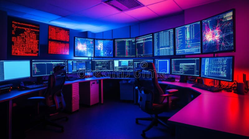 High-Tech Server Room with Flashing Lights and Advanced Monitors Stock ...