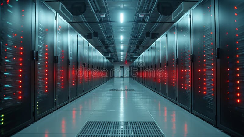 High-Tech Server Room with Flashing Lights and Rows of Cabinets at ... High-Tech Server Room with Flashing Lights and Rows of Cabinets at ...