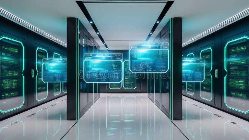 High Tech Server Room with Floating Holographic Interfaces Displaying Real Time Data Streams ...