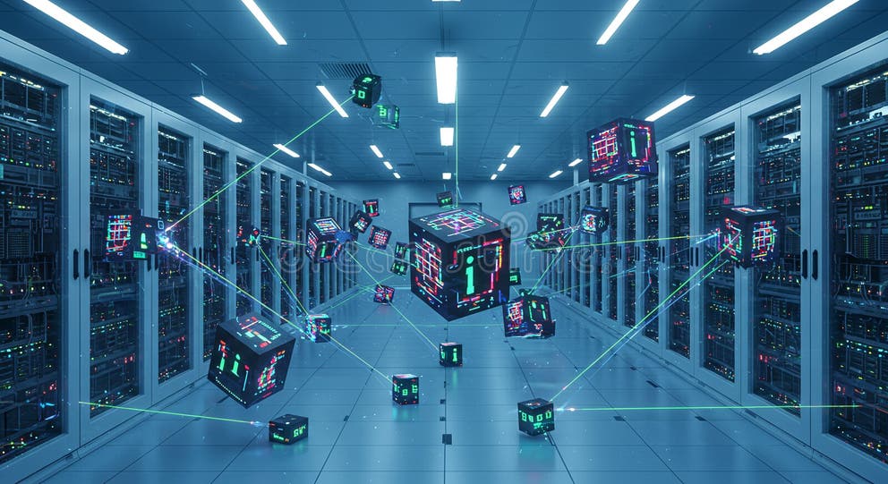 Futuristic Server Room - Glass-Enclosed Racks with Glowing Data Cubes ...