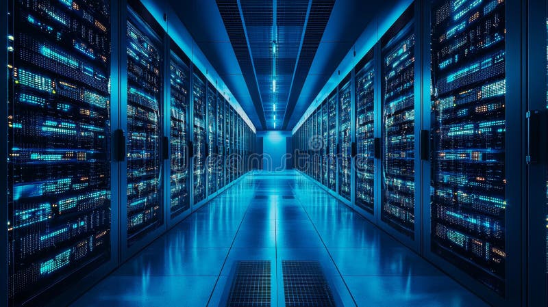 High-tech Server Room with Glowing Blue Lights Stock Photo - Image of ...
