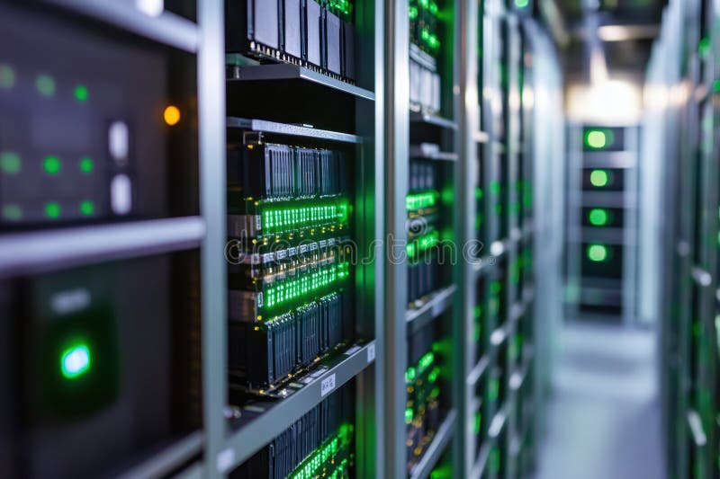 High-tech Server Room with Glowing Green Lights and Data Storage ... High-tech Server Room with Glowing Green Lights and Data Storage ...