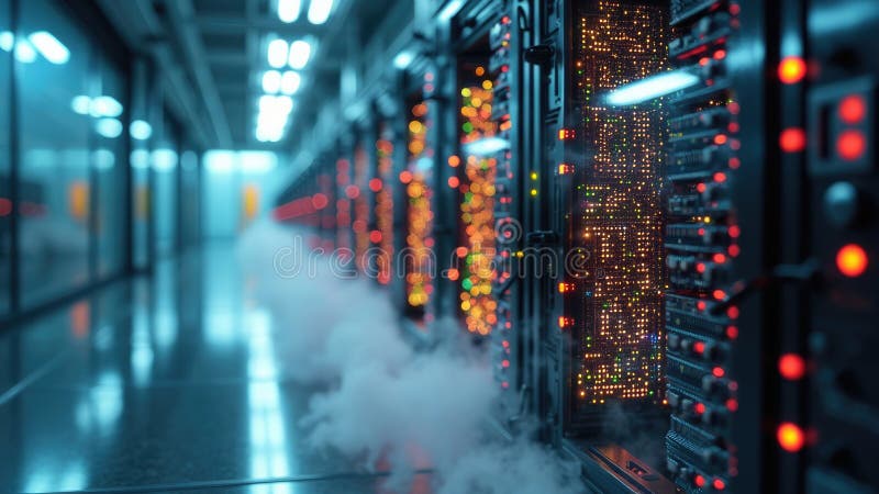 High-tech Server Room with Glowing Lights and Steam, Depicting Cutting ... High-tech Server Room with Glowing Lights and Steam, Depicting Cutting ...